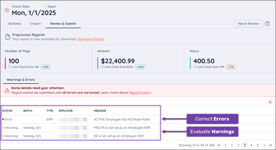 Warnings and Errors in Payroll