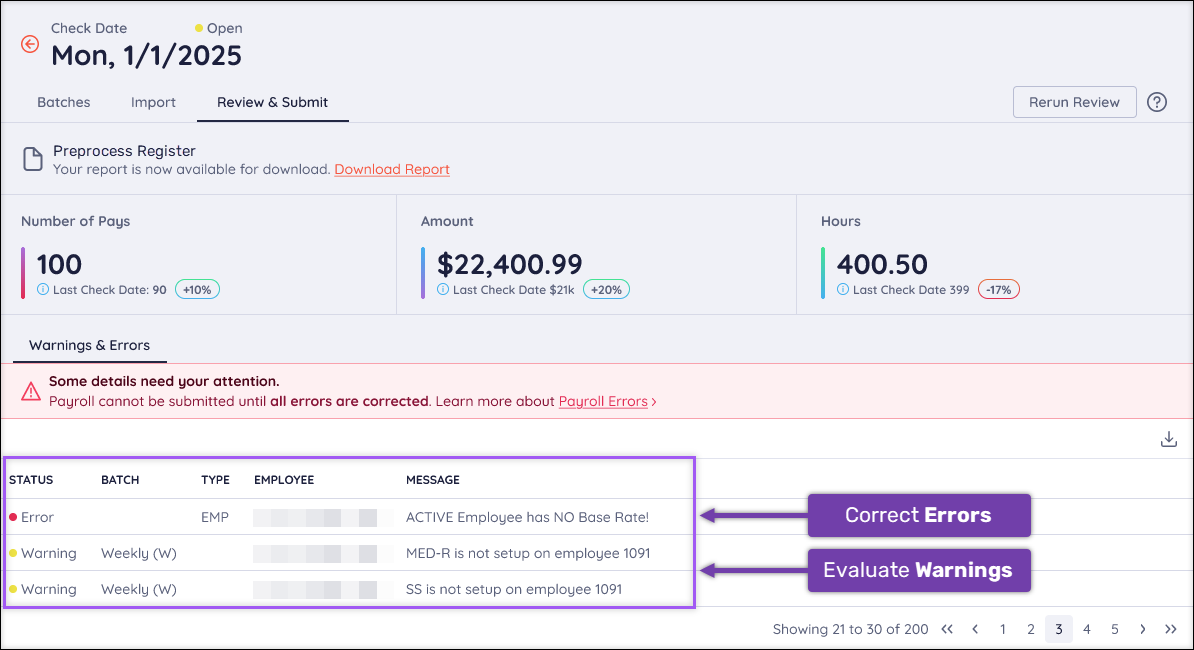 Warnings and Errors in Payroll