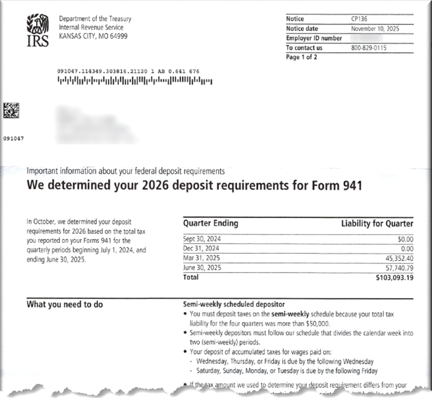Federal Payroll Tax Deposit Requirements: IRS Notice CP136